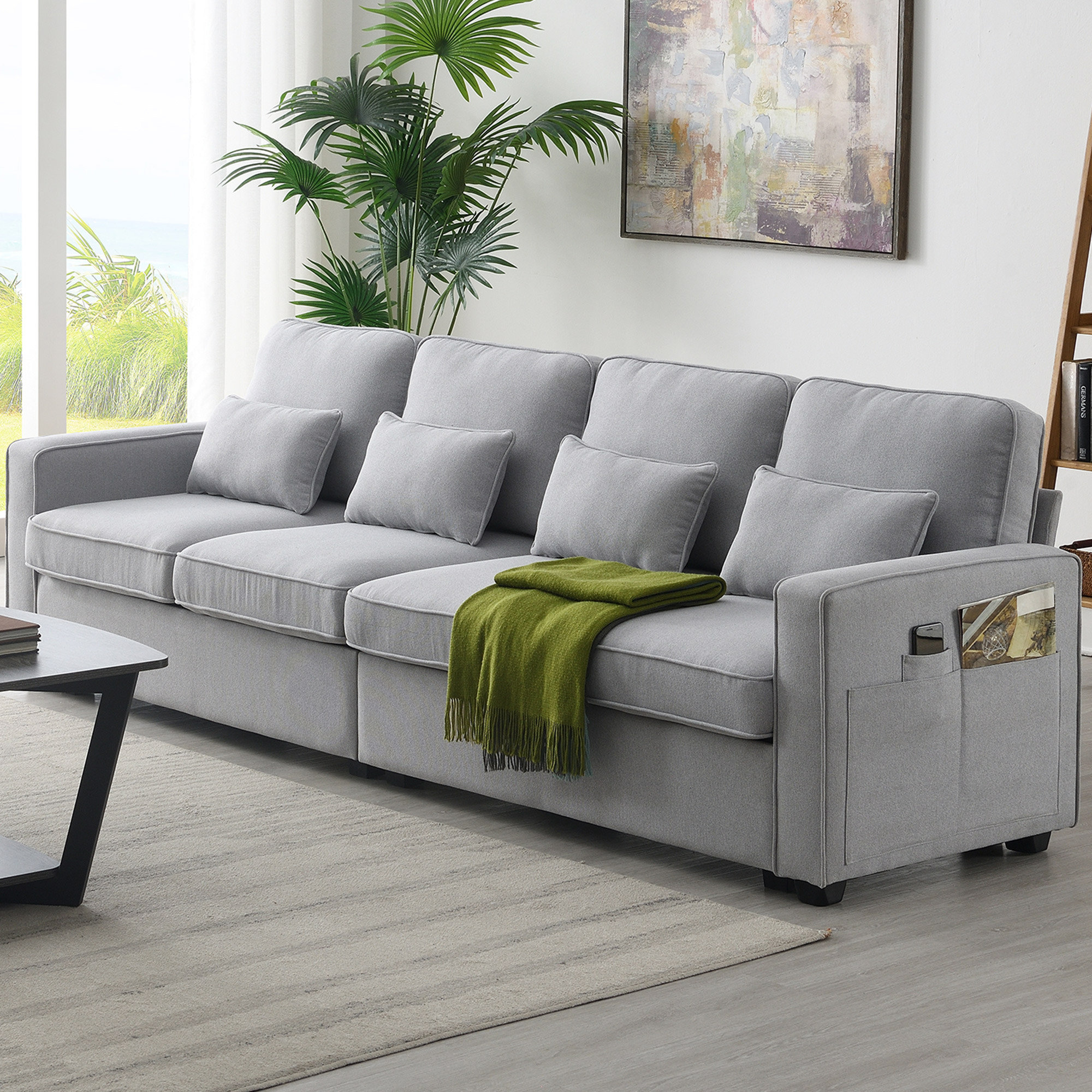 Latitude Run® 104" 4-Seater Modern Linen Fabric Sofa with Armrest Pockets and 4 Pillows | Wayfair